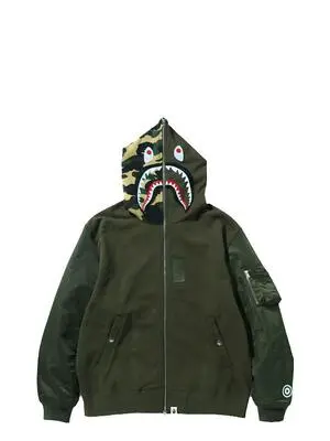A BATHING APE Military Shark Full Zip Hoodie - Olivedrab Green