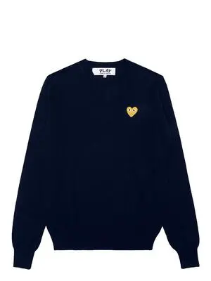 Play Comme Des Garcon Gold Heart V-neck Sweater - Navy Blue