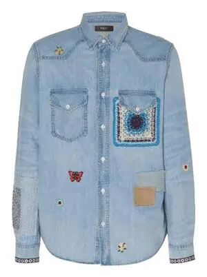 Amiri Crochet And Patch Denim Shirt - Sky Blue Indigo