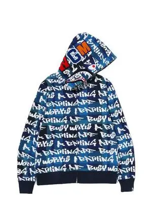 A BATHING APE Graffiti Check Shark Full Zip Hoodie - Blue