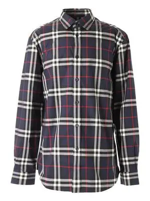 Burberry Check Print Long Sleeve Shirt - Navy Blue