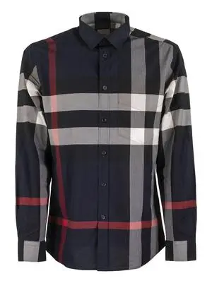 Burberry Check Stretch Cotton Poplin Shirt - Navy Blue