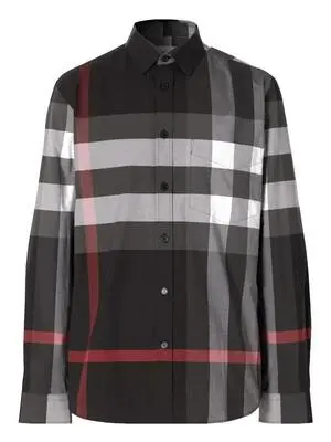 Burberry Check Stretch Cotton Poplin Shirt - Charcoal