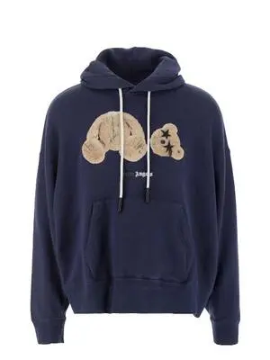 Palm Angels Bear Print Sprayed Logo Hoodie - Navy Blue/brown