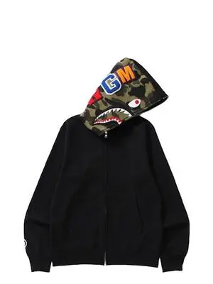 A BATHING APE Shark Full Zip Hoodie With Camo Hood - Black