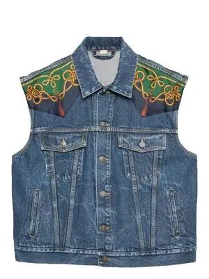 GUCCI Silk Scarf-Paneled Denim Vest