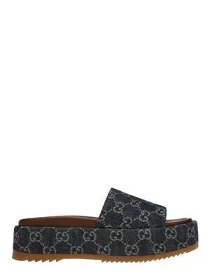 Gucci Angelina Platform 55 Mm Sandal - Dark Blue/ivory/gg Jacquard