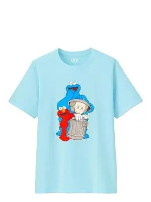 KAWS X Uniqlo X Sesame Street Companion Trash Can Tee - Light Blue