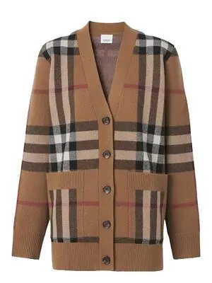 Burberry Checked Wool Cashmere Blend Cardigan - Brown