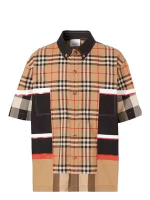 Burberry Shortsleeve Patchwork Check Cotton Shirt - Archive Beige