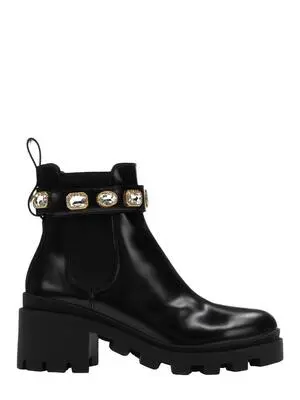 Gucci Crystal Belt 60mm Leather Ankle Boot - Black/gold