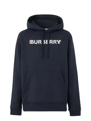 Burberry Logo Print Cotton Hoodie Navy Blue