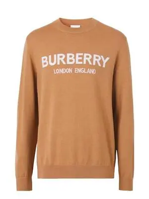 Burberry Logo Intarsia Wool Blend Sweater - Camel/white