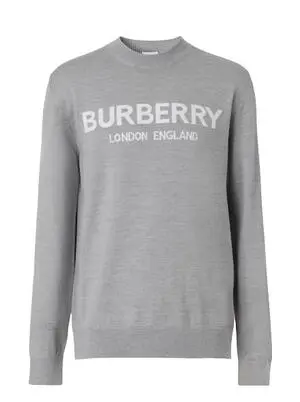 Burberry Logo Intarsia Wool Blend Sweater - Grey Melange/white
