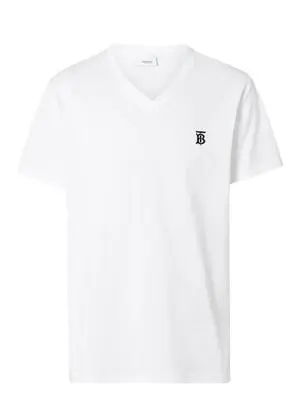 Burberry Monogram Motif Embroidered V Neck Tee Shirt - White