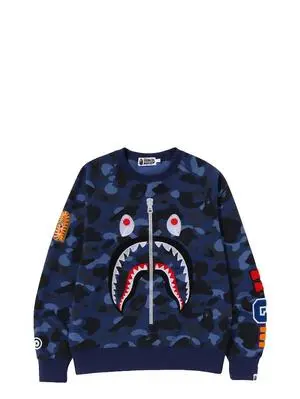 A BATHING APE Camo Embroidery Shark Crewneck Sweatshirt - Navy Blue