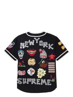 Supreme Patches Denim Baseball Jersey - Black