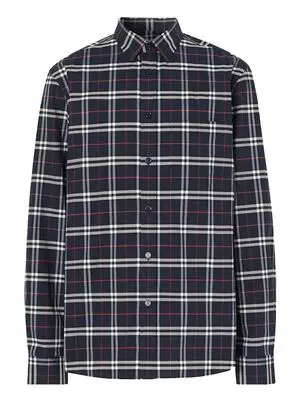 Burberry Small Scale Check Stretch Cotton Shirt - Navy Blue