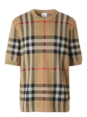 Burberry Shortsleeve Check Silk Wool Jacquard Top - Archive Beige