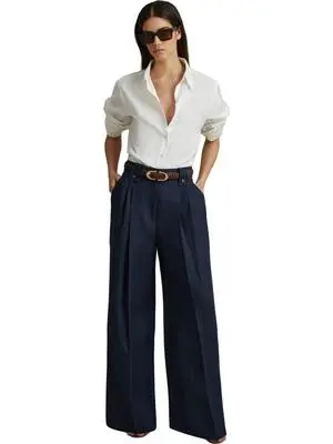 REISS Leila Linen Wide Leg Trousers - Navy