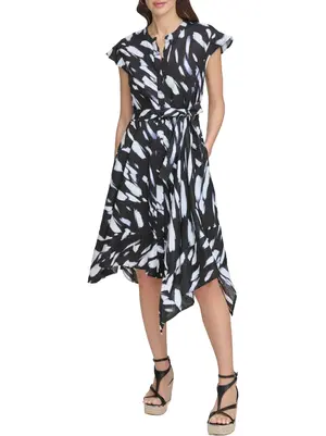 Dkny Print Cap-sleeve Linen Shirtdress - Black/wave Blue Multi