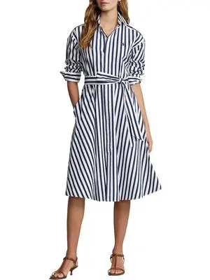 Polo Ralph Lauren Stripe Long Sleeve Cotton Shirtdress - 970a Navy/white