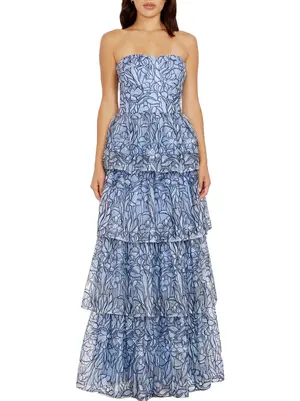 Dress The Population Aubriella Beaded Floral Gown - Mineral Blue Multi