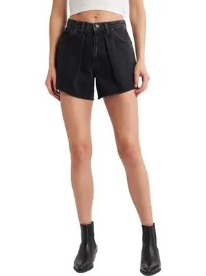 Topshop Pleated Relaxed-fit Denim Shorts - Black