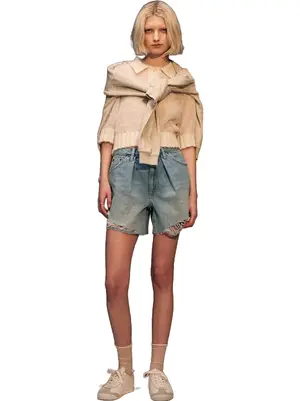Topshop Pleated Relaxed-Fit Denim Shorts Light Blue
