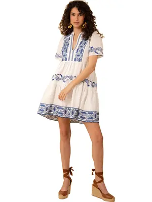 Hale Bob Teagan Embroidered Linen Dress - Blue