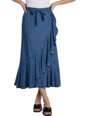 WASH LAB DENIM Ruffle Faux Wrap Midi Skirt - Deep Sea Blue