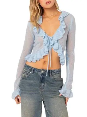EDIKTED Ryleigh Ruffle Tie Front Cardigan - Blue
