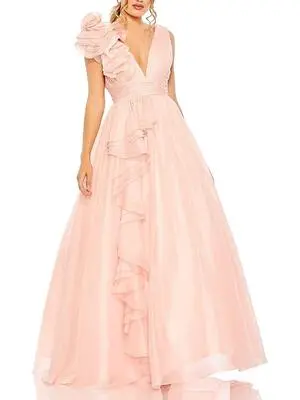 Mac Duggal Ruffled Shoulder V-neck Chiffon Gown - Blush