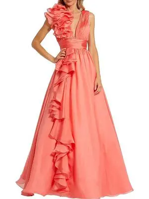 Mac Duggal Ruffled Shoulder V-neck Chiffon Gown - Coral
