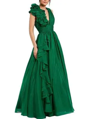 Mac Duggal Ruffle Shoulder V-Neck Chiffon Gown Emerald