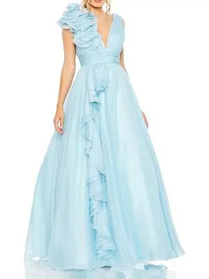 Mac Duggal Ruffle Shoulder V-Neck Chiffon Gown Powder Blue