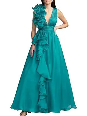 Mac Duggal Mac Duggal Ruffled Shoulder V-Neck Chiffon Gown Teal