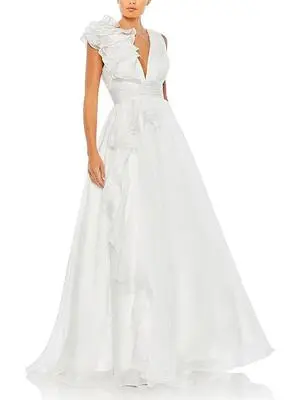 Mac Duggal Ruffled Shoulder V-neck Chiffon Gown - White