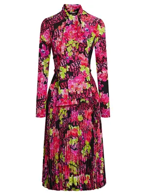 Versace Versace Pleated Printed Crepe Midi Dress Fuchsia