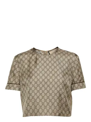 Gucci Gg Printed Silk Twill Crop Top - Brown
