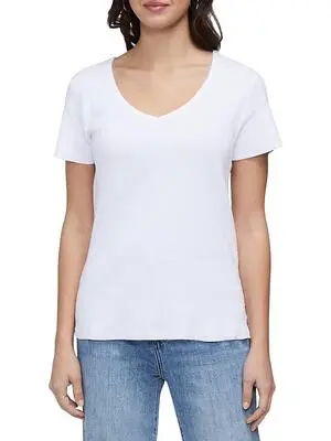 Three Dots Cotton V-neck Tee - White