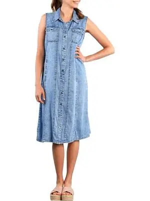 WASH LAB DENIM Seamed Sleeveless Midi Shirt Dress - Faded Blu Denim