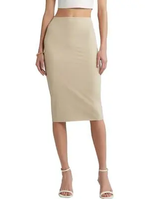 OPEN EDIT Open Edit Smooth Edit Pencil Midi Skirt Tan Oxford
