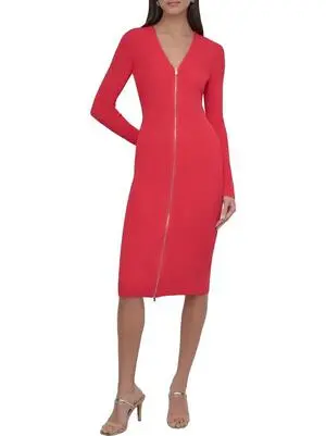 Dkny Front Zip Ribbed Midi Dress - Watermelon