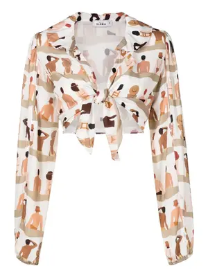 AMIR SLAMA Graphic-print Cropped Blouse - Neutrals