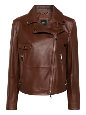 BOSS Double-breasted Leather Biker Jacket - Brown