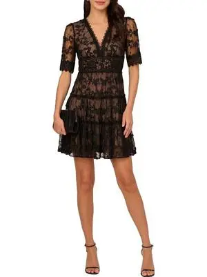 Adrianna Papell Embroidered Lace Minidress - Black/nude