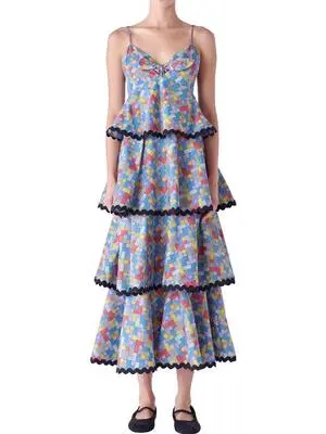 English Factory Grid Print Tiered Maxi Dress - Blue Multi