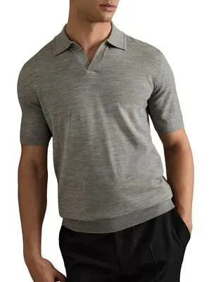 REISS Duchie Johnny Collar Short Sleeve Wool Polo Sweater Warm Grey Melange