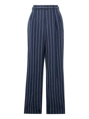 Ralph Lauren Stamford Belted Pinstriped Linen And Cotton-blend Straight-leg Pants - Blue